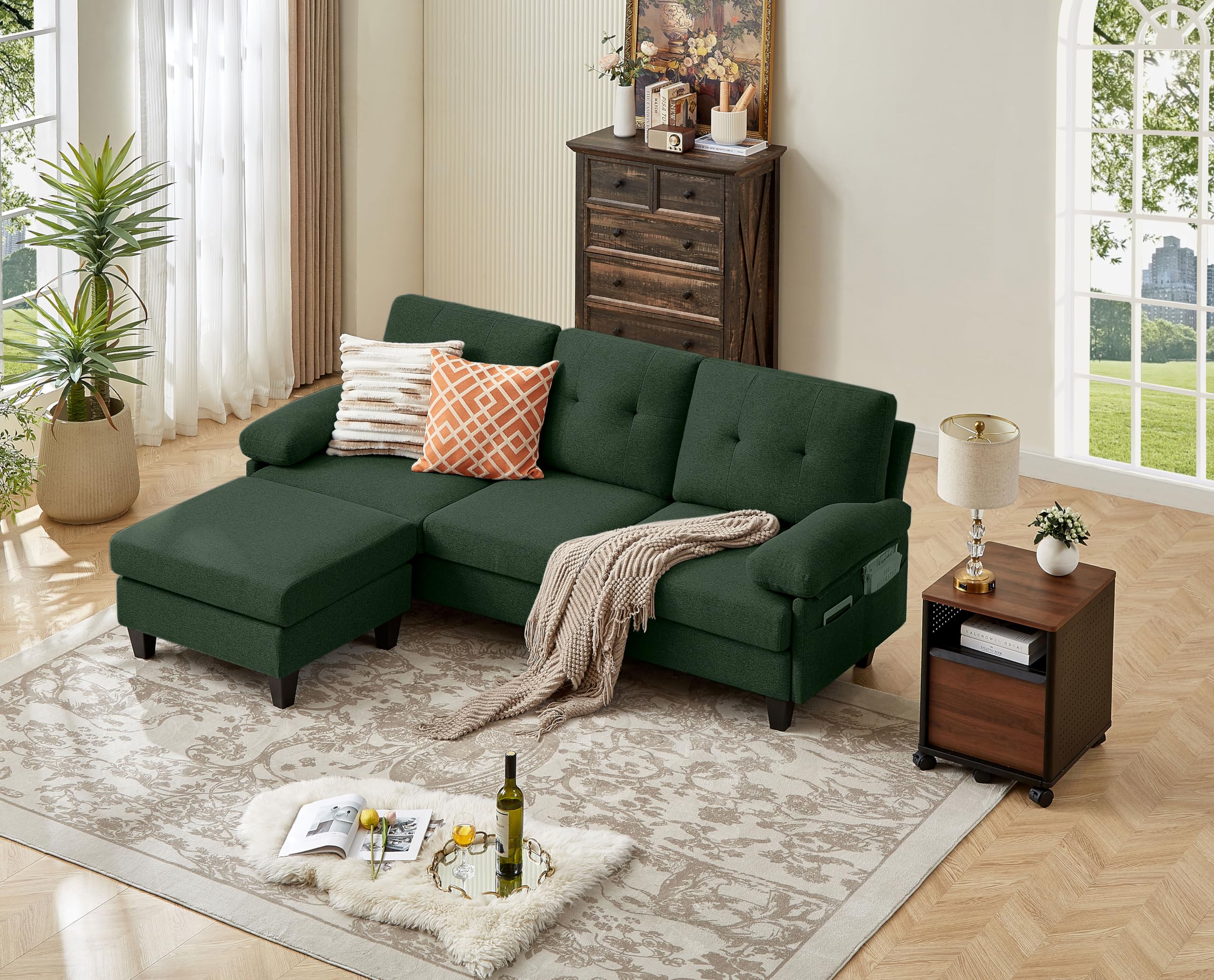 Pingliang Home Sectional Sofa Couch for Living Room, Deep 3-Seater L Shaped Couches 86" Convertible Sofas with Ottoman, Modern Linen Upholstered (Dark Green)