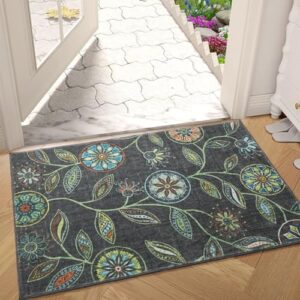 pagisofe indoor front door mat boho kitchen sink mat, 2x3 machine washable rug, floral non-slip throw rug with rubber backing, soft small area rugs for entryway bedside bathroom entry, green/multi