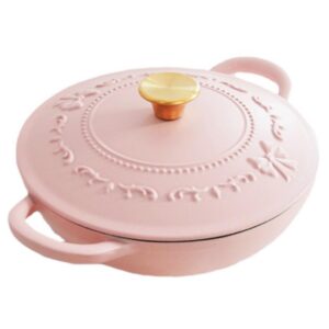 3 quart enamel cast iron dutch oven with handles and lid, 3.8 qt gradient pink cast iron skillet, enamel shallow cookware braising pan for casserole dish, crock pot covered with cast iron (3 quart-bow