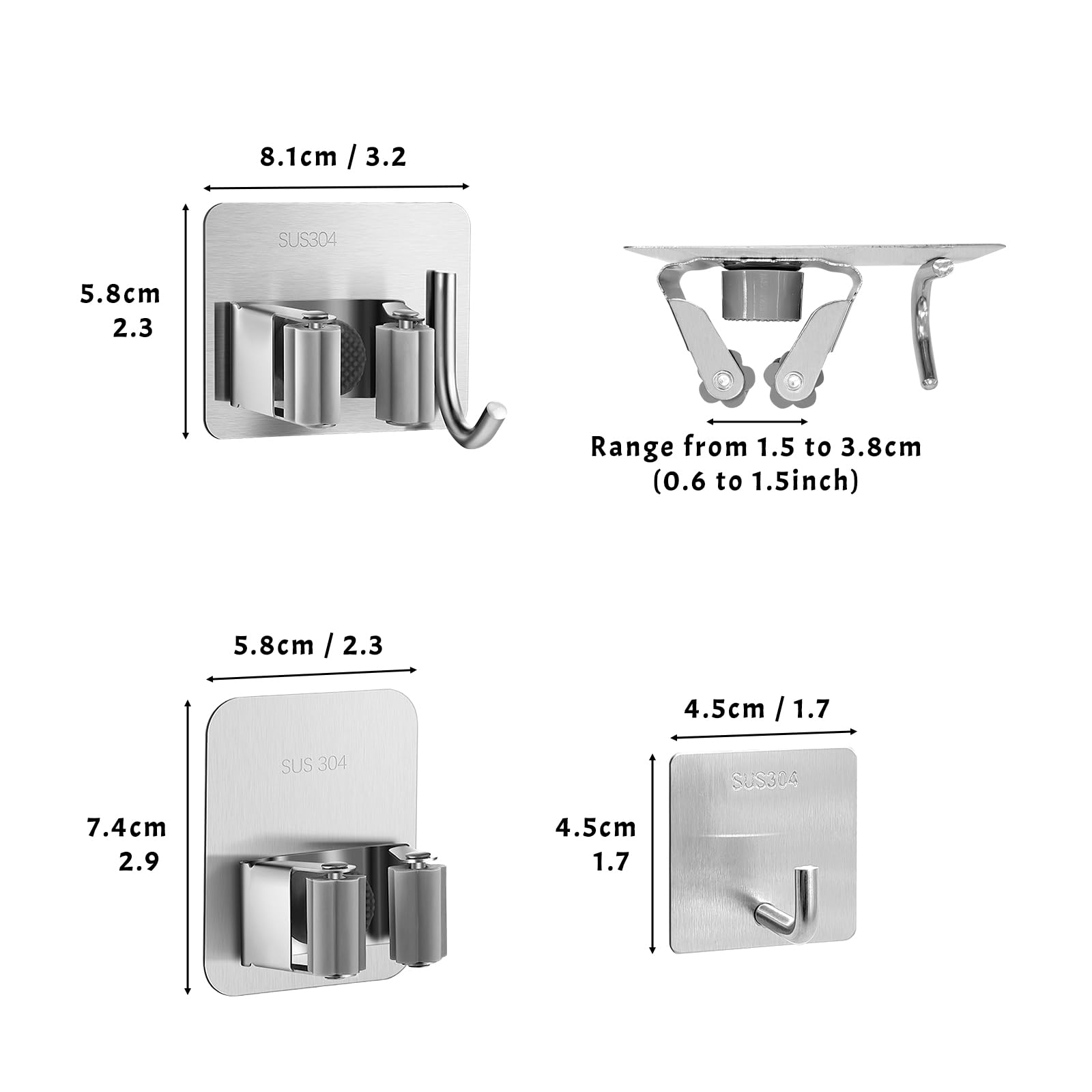 Daily Treasures 6 Pcs Stainless Steel Broom Holder Wall Mount Self Adhesive (with Hook), Adjustable Size Broom and mop Holder, Flexible Freestanding Broom Sticky Back Hooks, Hook Broom Hanger