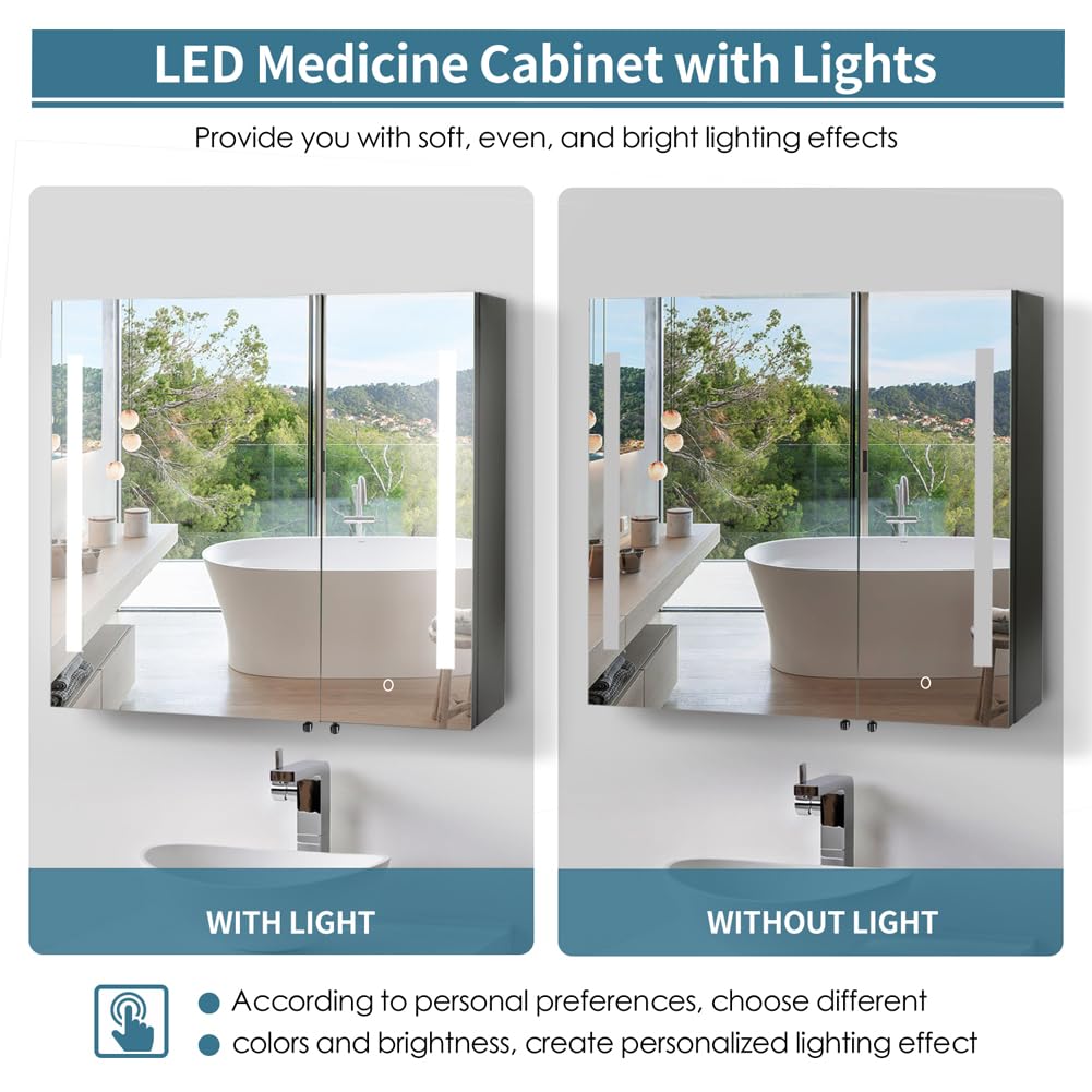 Movo Lighted Medicine Cabinet with Mirror,30 inch X 26 inch Wall Mounted LED Bathroom Medicine Cabinet Mirror with Lights and Storage,Anti-Fog,Dimmable,3000K-6500K Color Temper Change