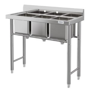 riedhoff 3 compartments stainless steel utility sink, [triple bowl] commercial kitchen sink for restaurant, bar, food truck, coffee shop- bowl size 11" l x 10" w x 10" h