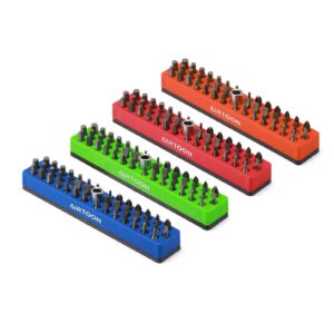 airtoon 4pcs 1/4" magnetic hex bit holder, 43 holes bit storage with strong magnetic base, magnetic screwdriver bit organizer, red, blue, green and orange