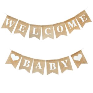 welcome baby sign - pre-strung burlap welcome baby banner - elegant baby announcement sign for boy and girl - newborn birth hospital signs - baby arrival banners - adorable baby shower decor