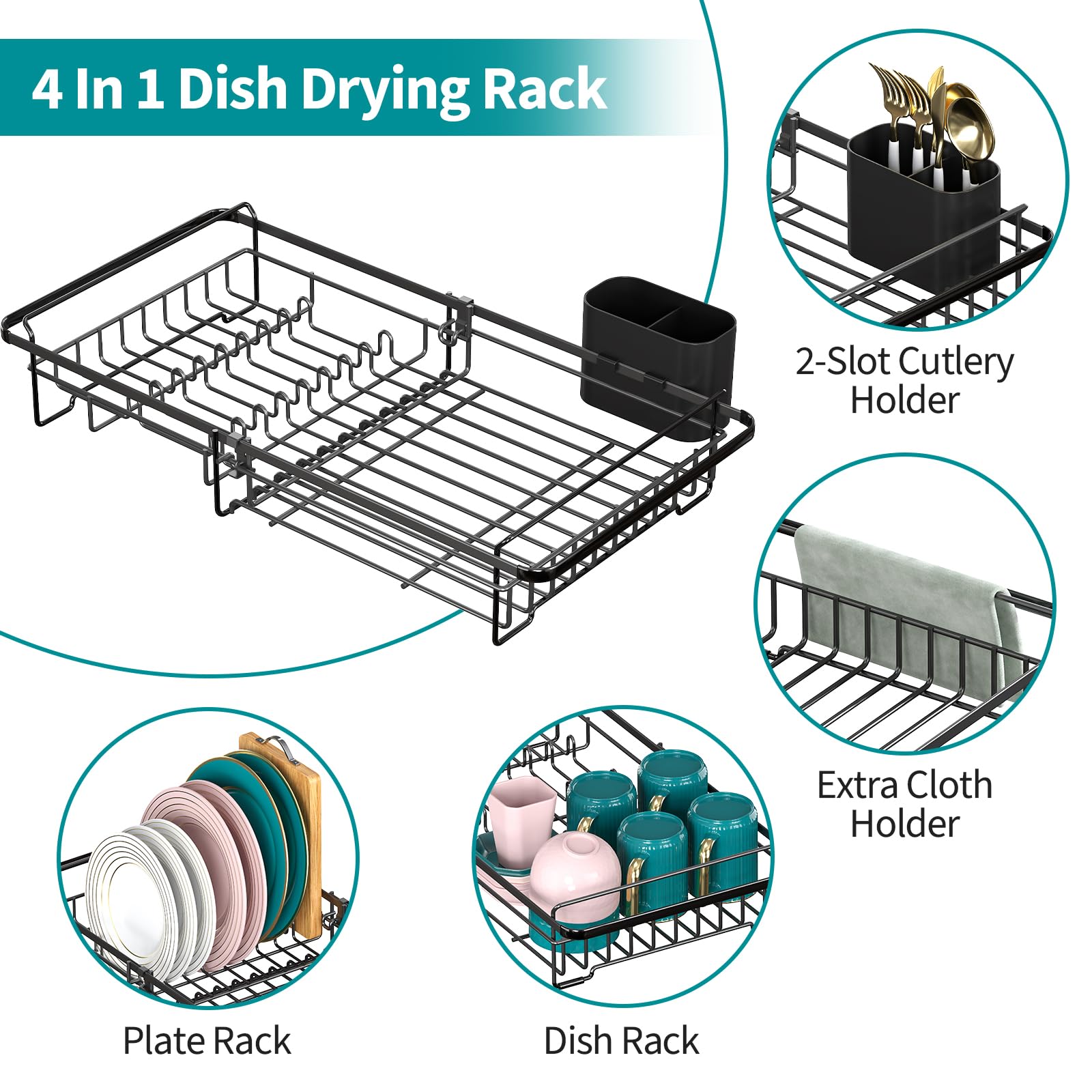 Urackify Expandable Dish Drying Rack Over The Sink, Adjustable Dish Rack in Sink, Rustproof Dish Drainer for Kitchen Counter, Dish Strainer with Utensil Holder, Large Size