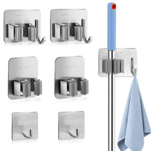 daily treasures 6 pcs stainless steel broom holder wall mount self adhesive (with hook), adjustable size broom and mop holder, flexible freestanding broom sticky back hooks, hook broom hanger