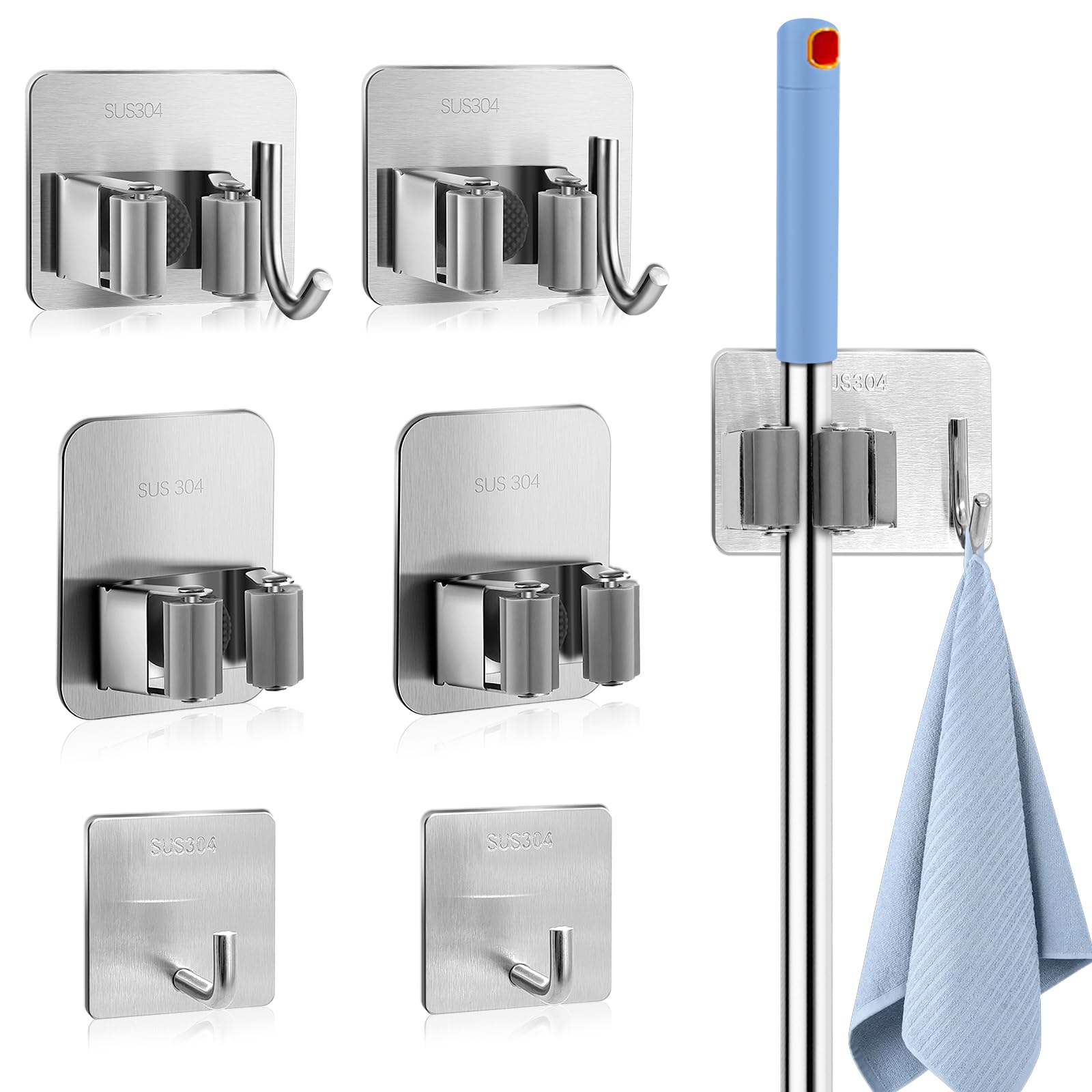 Daily Treasures 6 Pcs Stainless Steel Broom Holder Wall Mount Self Adhesive (with Hook), Adjustable Size Broom and mop Holder, Flexible Freestanding Broom Sticky Back Hooks, Hook Broom Hanger