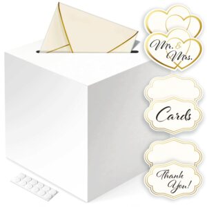 artesori white wedding card box - cards stickers & large box slot, gift card box for wedding cards at reception, birthday, baby shower, graduation box party, raffle, money boxes holder - 8x8