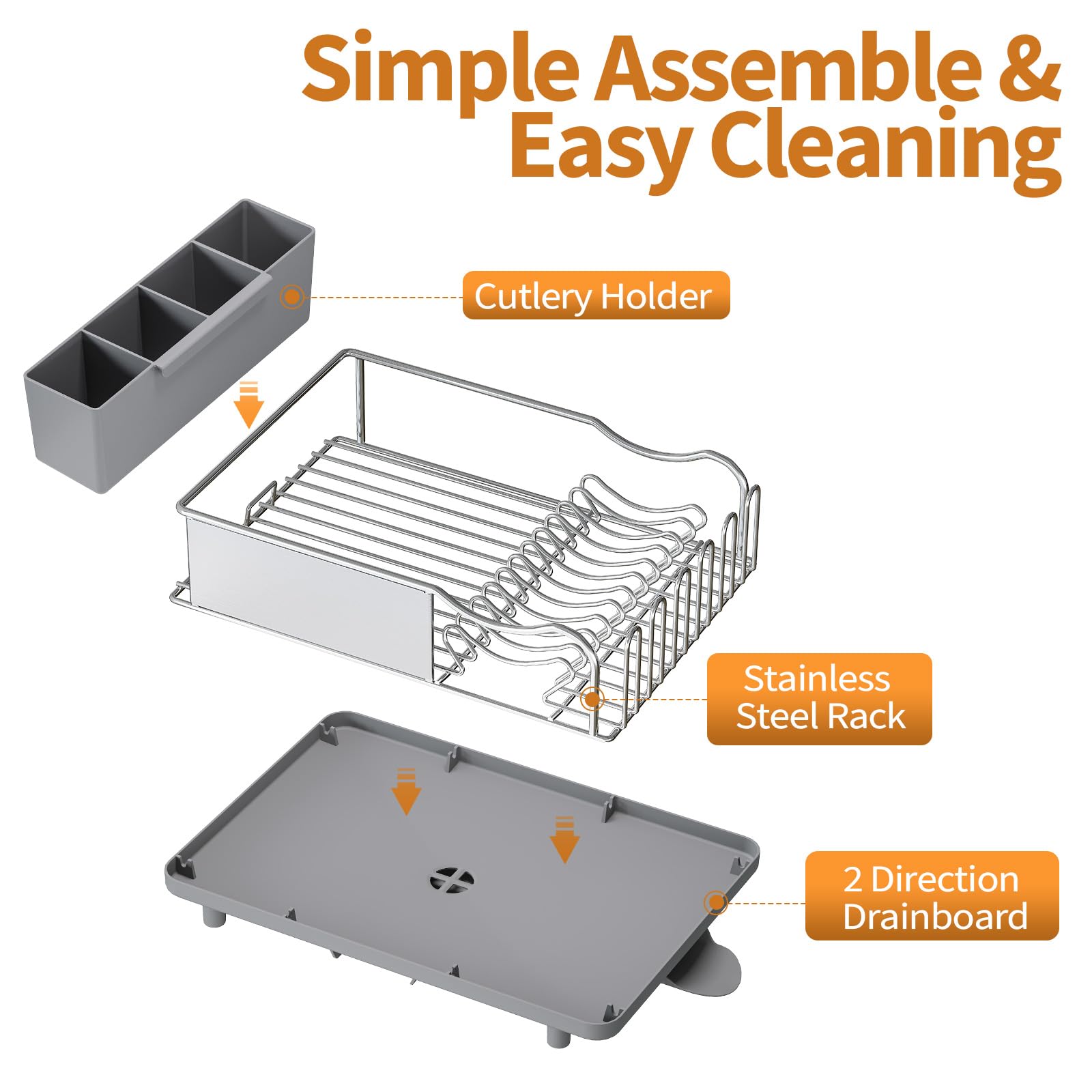 Urackify Dish Rack, 304 Stainless Steel Dish Drying Rack for Kitchen Counter, Dish Drainer with Cutlery Holder for Large Capacity, Dish Drying Rack with drip Tray, Grey