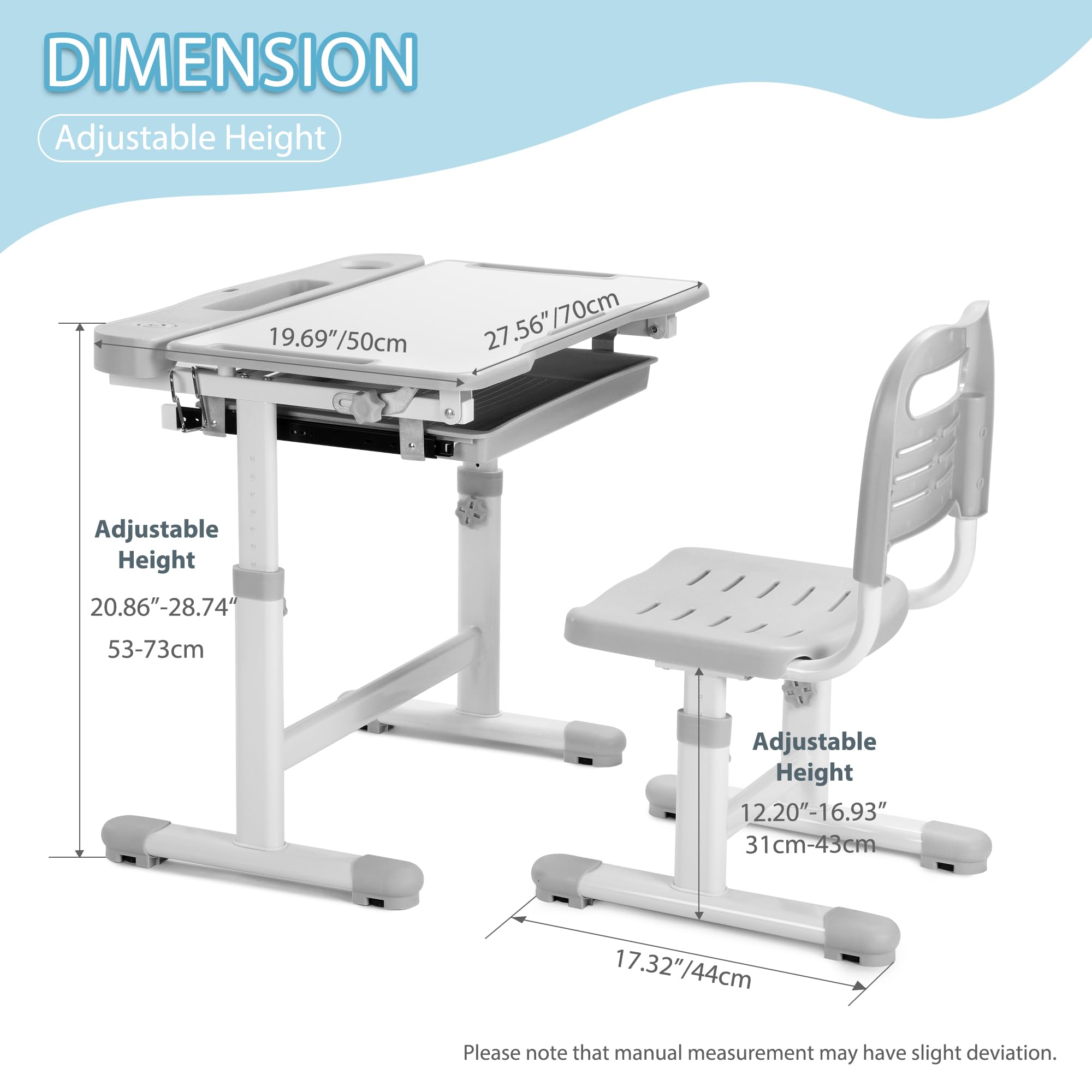 Rengue Kids Desk and Chair Set Height Adjustable School Study Desk and Chair with 55° Tiltable Desktop, 3 Modes&3 Brightness LED Lamps, Storage Drawer and Metal Hook for Boys Girls, Grey