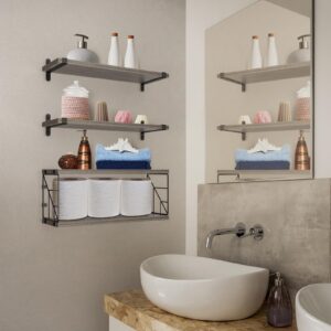 B4LIFE Floating Shelves Wall Mounted Bathroom Rustic Over Toilet Shelves with Toilet Paper Basket, Farmhouse Floating Shelf for Bedroom, Living Room, Kitchen, Wall Decoration