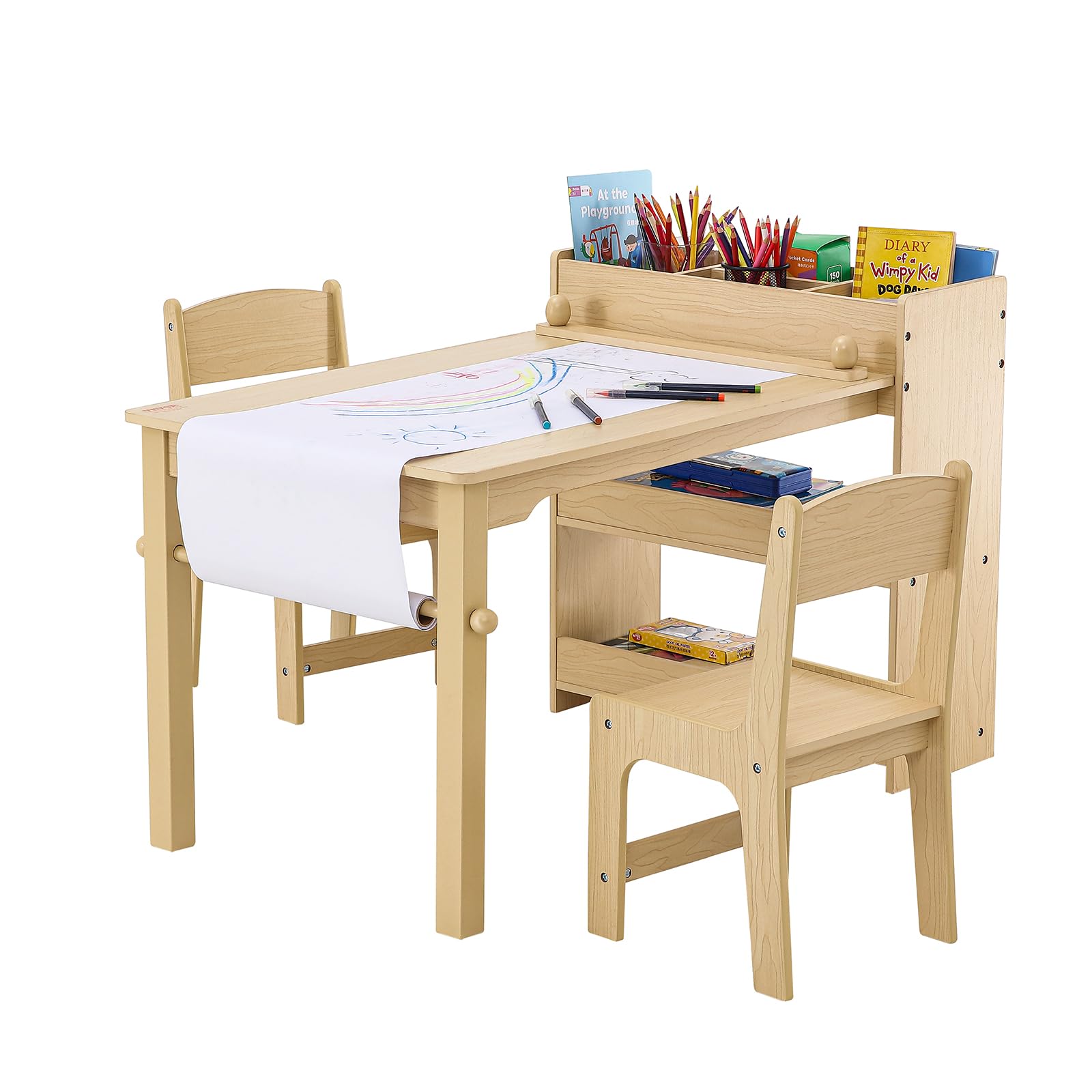 VEVOR Kids Art Table and Chair Set, Kids Craft Table with Storage, Toddler Activity Play Table with 2 Chairs, Wooden Drawing Deask for Children Painting, Reading, Learning