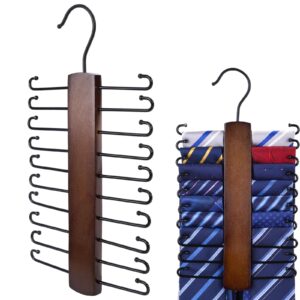 bigotters wooden tie rack, tie hanger for men closet hanging space saving holder 20 hooks 360 degree rotating tie organizer for belt scarf tie