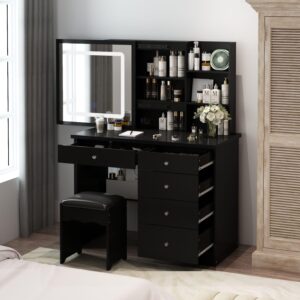 moumon vanity desk with sliding lighted mirror, vanity mirror makeup desk with drawers and shelves, vanity mirror and lights, cushion stool, black