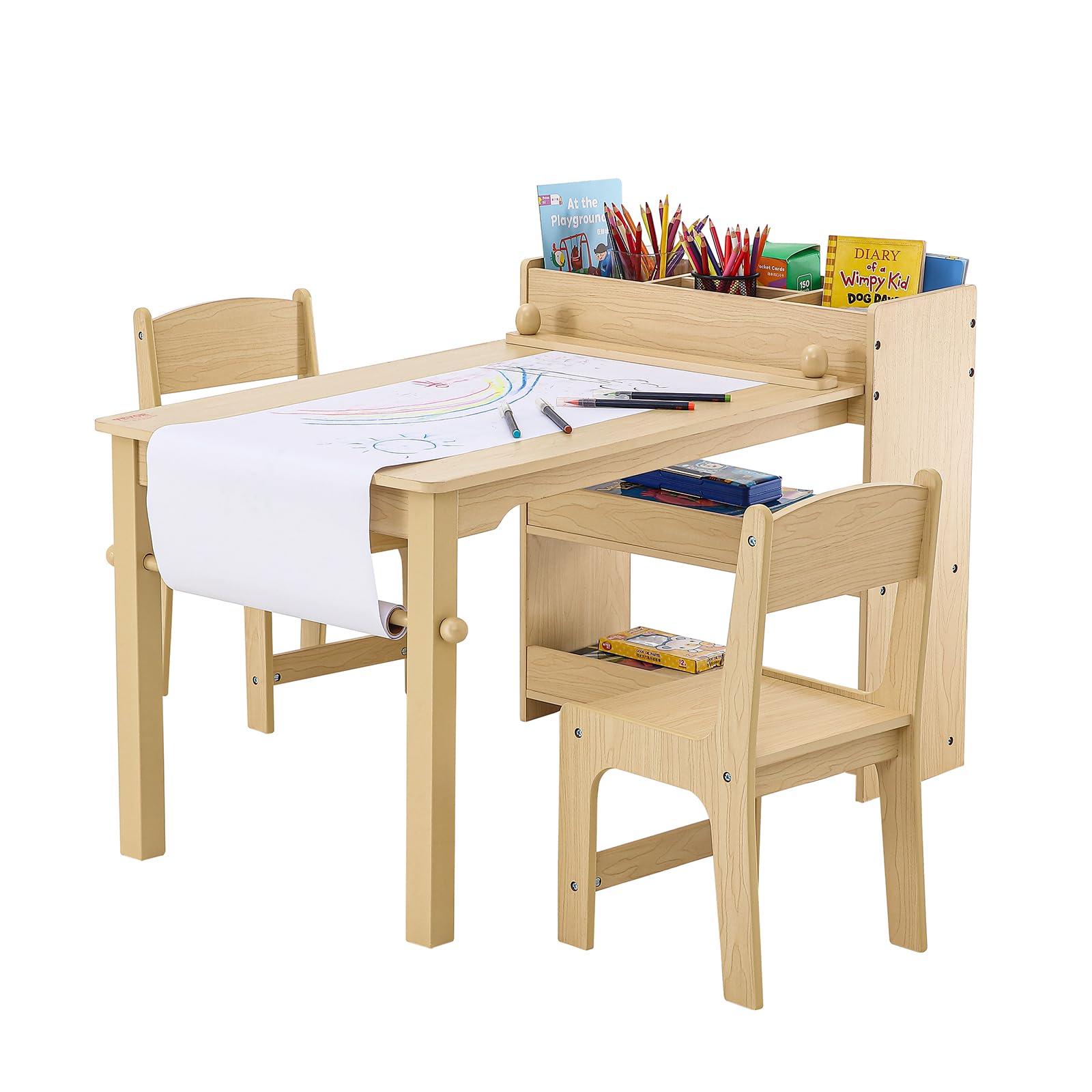 VEVOR Kids Art Table and Chair Set, Kids Craft Table with Storage, Toddler Activity Play Table with 2 Chairs, Wooden Drawing Deask for Children Painting, Reading, Learning