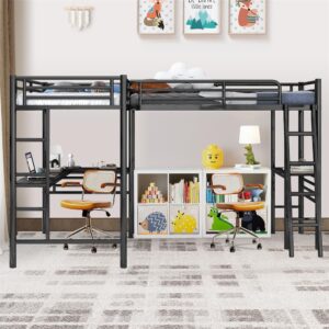 inclake l shaped metal loft bed with 2 desk, twin size loft bed with safety guardrail and 2 ladder, heavy-duty steel frame corner twin bed for girls boys teens, black