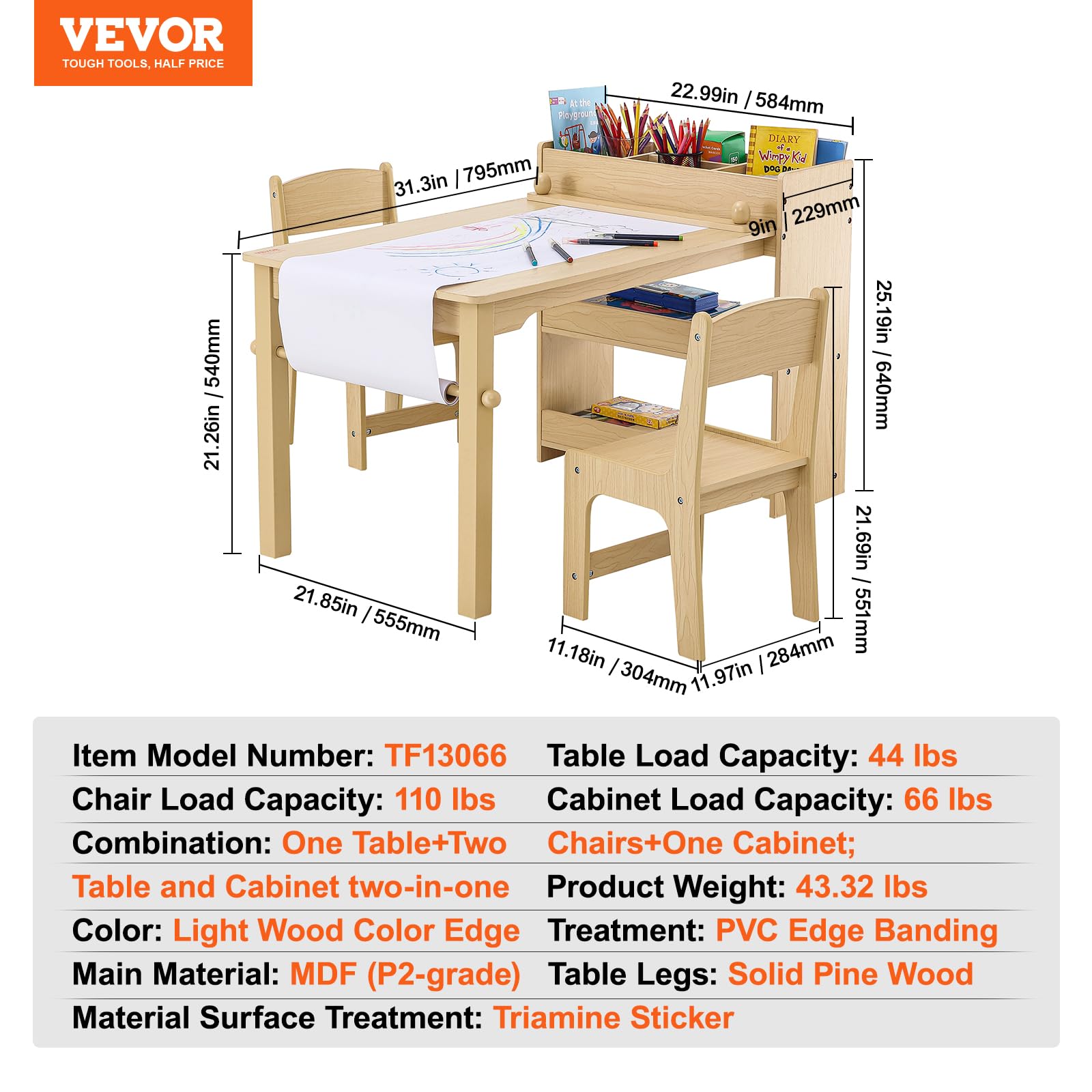 VEVOR Kids Art Table and Chair Set, Kids Craft Table with Storage, Toddler Activity Play Table with 2 Chairs, Wooden Drawing Deask for Children Painting, Reading, Learning