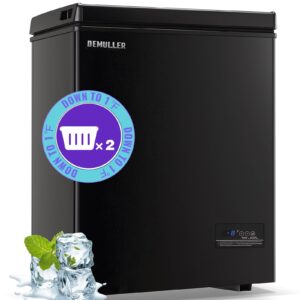 demuller chest freezer, small deep 4.0 cubic feet black freezers, compact top open door freezer with electronic panel, temp range -12 ℉ to 50 ℉, two storage wire baskets, manual defrost