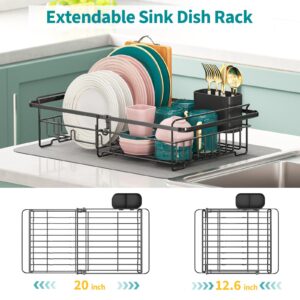 Urackify Expandable Dish Drying Rack Over The Sink, Adjustable Dish Rack in Sink, Rustproof Dish Drainer for Kitchen Counter, Dish Strainer with Utensil Holder, Large Size