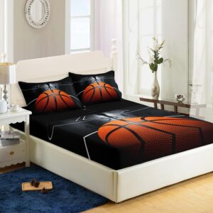 AILONEN 3D Basketball Fitted Sheet Full Size, Sport Basketball Player Bedding Set for Boys Kids Teen,3D Ball Sports Bedsheets Set,Basketball Ground Bedsheets Set,1 Fitted Sheet 2 Pillowcases,3 PCS