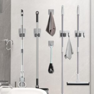 Daily Treasures 6 Pcs Stainless Steel Broom Holder Wall Mount Self Adhesive (with Hook), Adjustable Size Broom and mop Holder, Flexible Freestanding Broom Sticky Back Hooks, Hook Broom Hanger