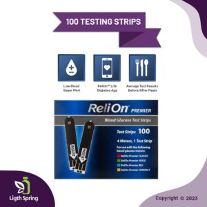 ReliOn Premier Blood Glucose Test Strips - Blood Glucose Test Strips - Test Strips for Diabetes - Blood Sugar Test Strips Diabetic Test Strips - Reli On Premier Test Strips 100 Count+Better L&S Guide