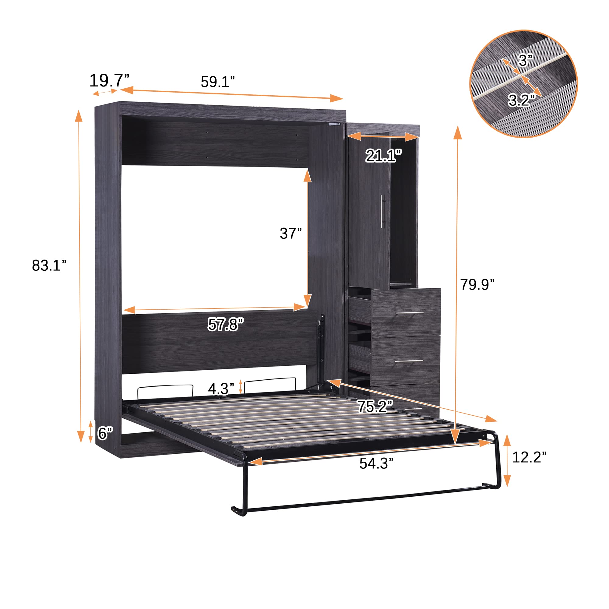 YOPTO Full Size Murphy Bed with 1 Wardrobe and 3 Drawers,Storage-Bed,can be Folded into a Cabinet,No Spring Box Needed,Bedroom Furniture for Children,Teens,Adults,Gray