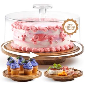 homesphere rotating cake stand with lid - 12 inch round cake holder with cover, 4” tall, acacia wood spinning cake turntable for decorating, display and serving platter, acrylic cake dome, no glass