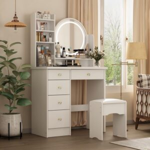 moumon vanity desk vanity mirror makeup desk with lights, vanity desk with mirror and lights, makeup vanity with drawers and shelves, crystal handles, cushion stool, white