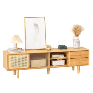 tiita rattan tv stand for 55 60 inch tv, bamboo tv cabinet with 2 drawers, boho entertainment center with adjustable shelf, mid century modern media console for bedroom, living room, study