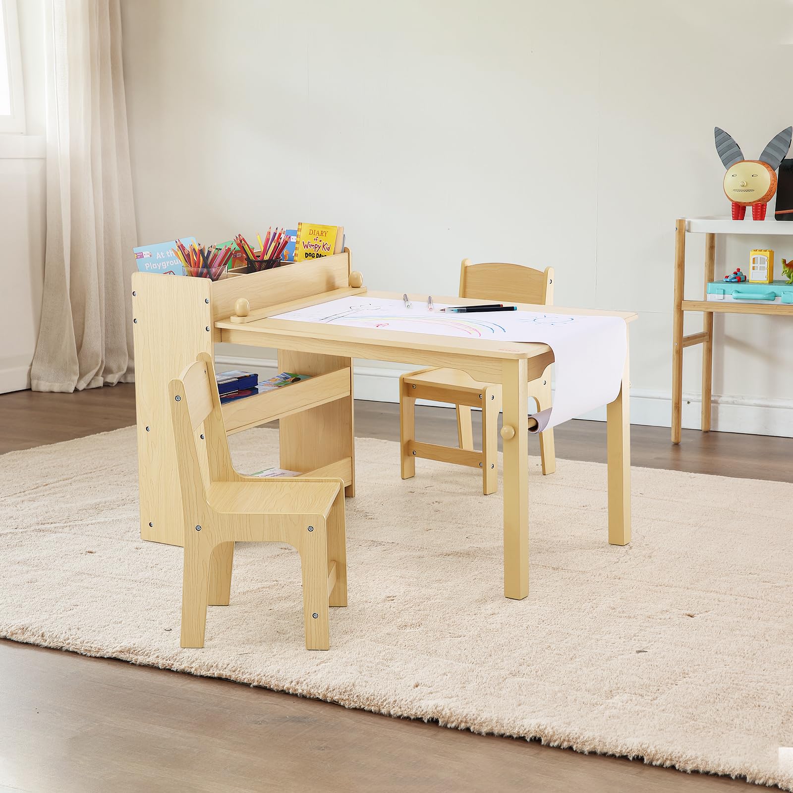 VEVOR Kids Art Table and Chair Set, Kids Craft Table with Storage, Toddler Activity Play Table with 2 Chairs, Wooden Drawing Deask for Children Painting, Reading, Learning