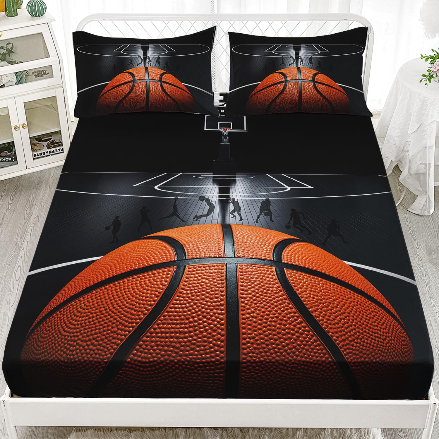 AILONEN 3D Basketball Fitted Sheet Full Size, Sport Basketball Player Bedding Set for Boys Kids Teen,3D Ball Sports Bedsheets Set,Basketball Ground Bedsheets Set,1 Fitted Sheet 2 Pillowcases,3 PCS