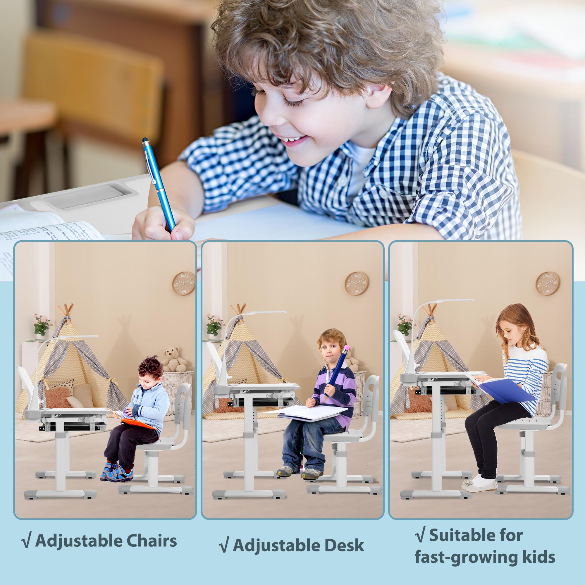 Rengue Kids Desk and Chair Set Height Adjustable School Study Desk and Chair with 55° Tiltable Desktop, 3 Modes&3 Brightness LED Lamps, Storage Drawer and Metal Hook for Boys Girls, Grey