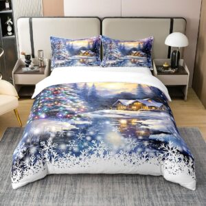 farmhouse winter 100% cotton duvet cover king size watercolor christmas trees colorful lights decor bedding set for kids teens adults jungle cabin rustic dreamy comforter cover with 2 pillowcases