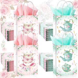 locmeo 24 pcs tea party gift bags with tissue paper floral teapot goodie treat bags with handles tea party decorations for kids girls wedding baby shower birthday party favors supplies, pink and green