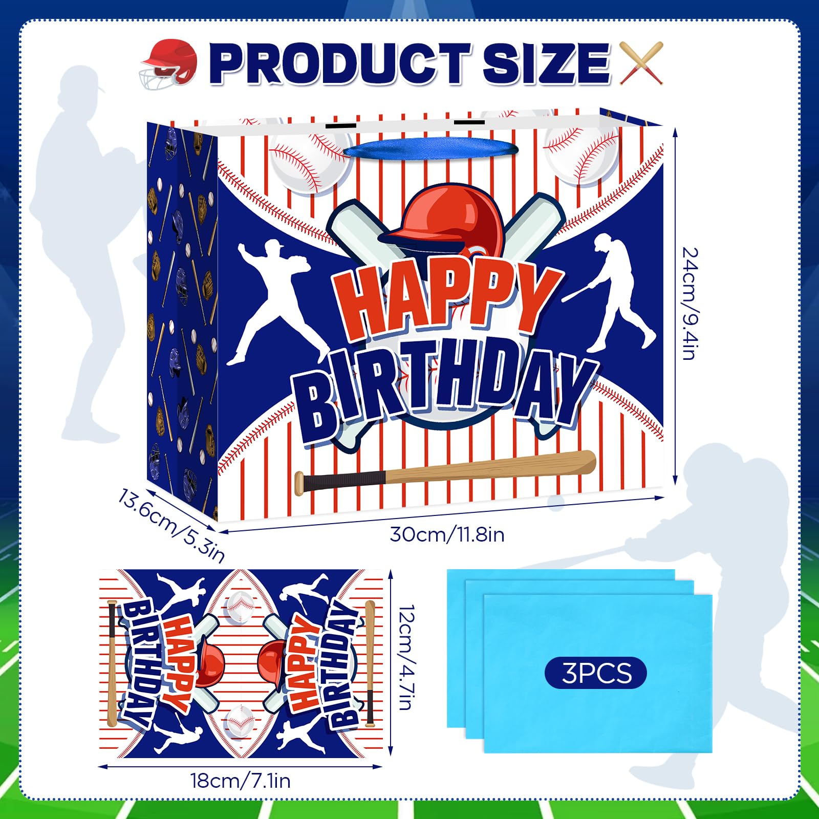 RUMIA Baseball Birthday Gift Bag with Tissue Paper Greeting Card Baseball Happy Birthday Gift Wrap Bag with Handle for Boys Kids Teens Christmas Holiday Sport Themed Baseball Birthday Party Supplies