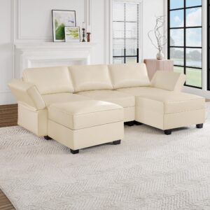 naomi home sarah modular sectional sofa with double chaise air leather u shaped sofa reversible sectional couch with storage - beige