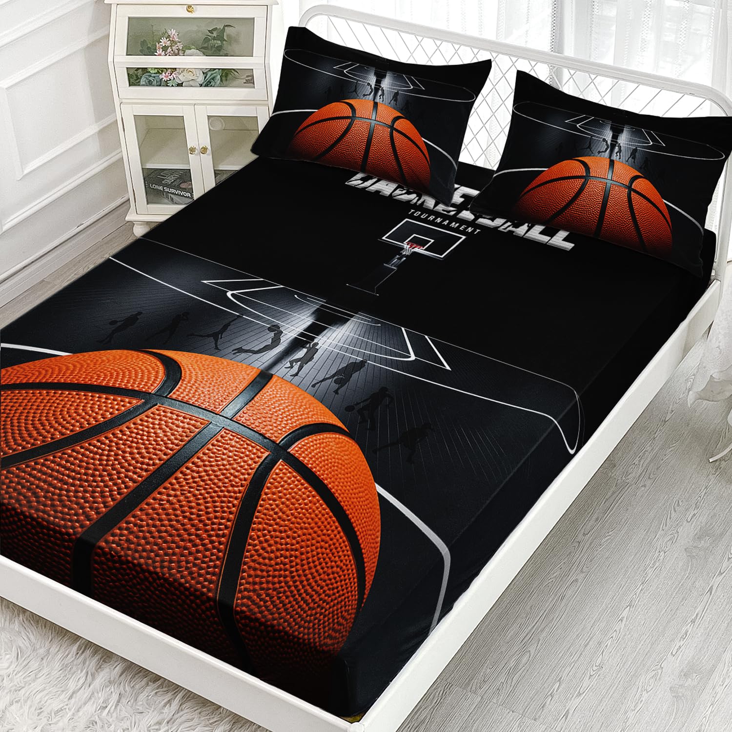 AILONEN 3D Basketball Fitted Sheet Full Size, Sport Basketball Player Bedding Set for Boys Kids Teen,3D Ball Sports Bedsheets Set,Basketball Ground Bedsheets Set,1 Fitted Sheet 2 Pillowcases,3 PCS