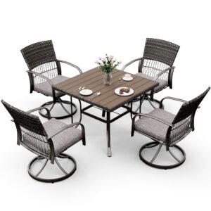 pamapic 5 piece patio dining set for 4,outdoor wicker furniture set for backyard garden deck poolside with 4 cushions swivel rocker chairs,square plastic-wood table top, removable cushions(gray)