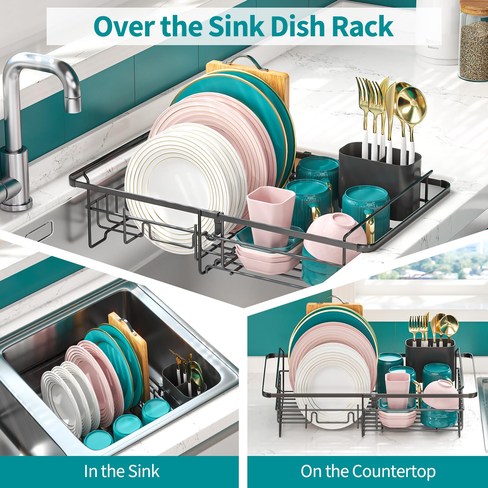 Urackify Expandable Dish Drying Rack Over The Sink, Adjustable Dish Rack in Sink, Rustproof Dish Drainer for Kitchen Counter, Dish Strainer with Utensil Holder, Large Size