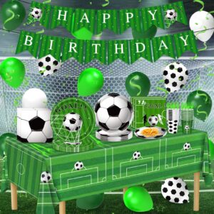 Soccer Party Decorations, 143Pcs Soccer Birthdday Party Supplies-Serves 24 with Soccer Plates and Napkins Tablecloth and Birthday Banner Balloons for Soccer Sports Theme Birthday Decorations