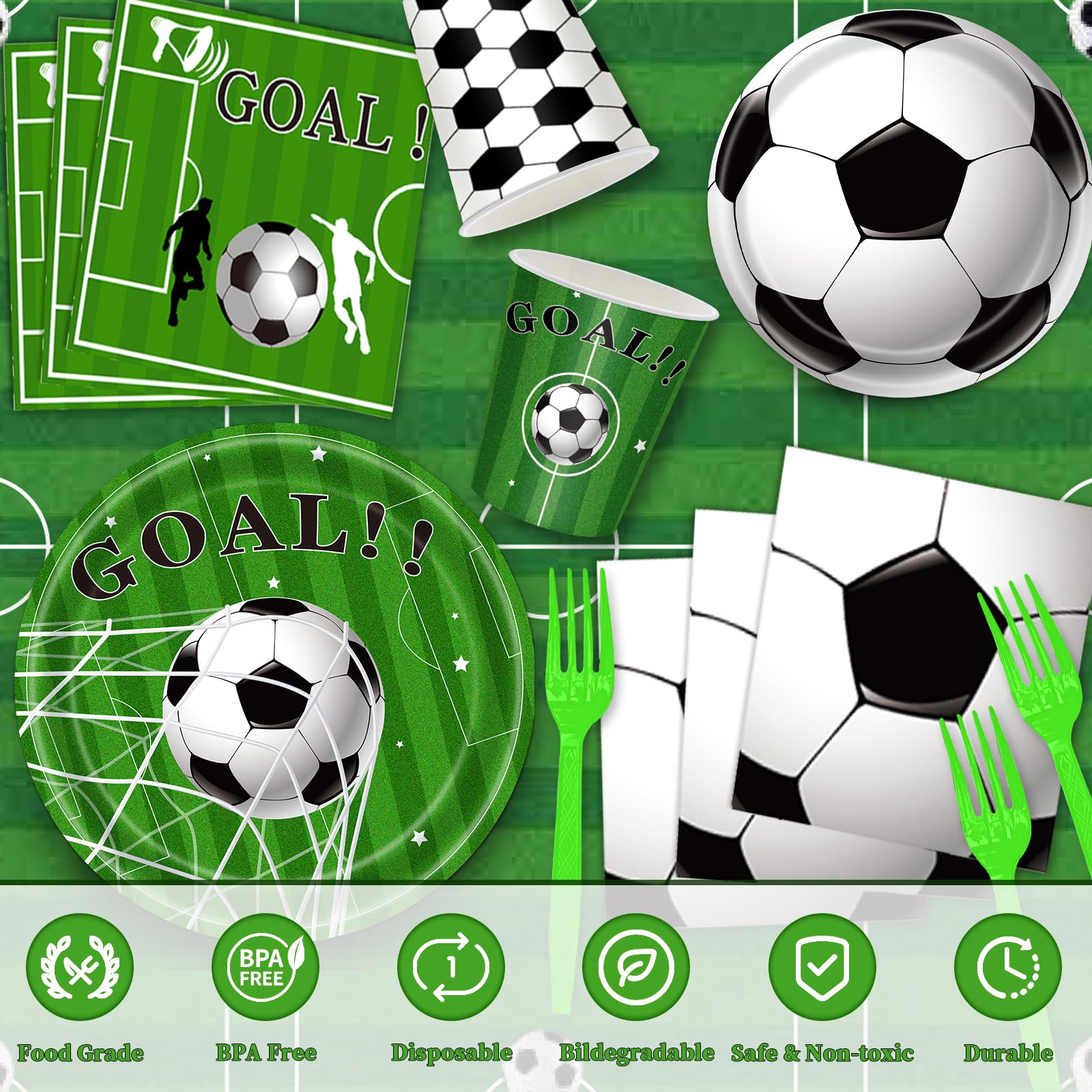 Soccer Party Decorations, 143Pcs Soccer Birthdday Party Supplies-Serves 24 with Soccer Plates and Napkins Tablecloth and Birthday Banner Balloons for Soccer Sports Theme Birthday Decorations