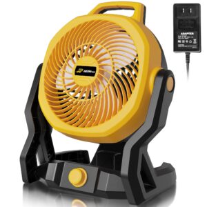 heinpro battery operated fan for dewalt 20v max battery with ac adapter, up to 650 cfm portable fan, variable speed battery powered fan low noise 30db cordless fan, jobsite camping fan (only tool)