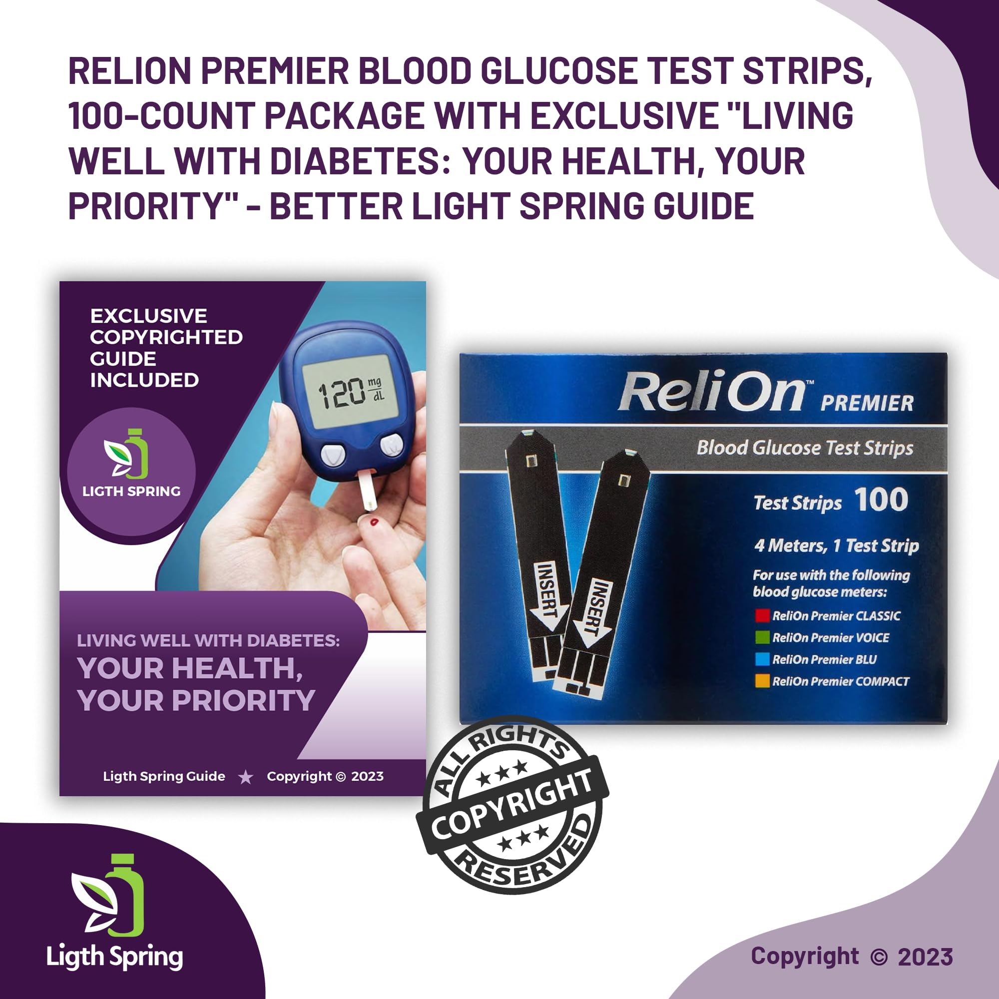 ReliOn Premier Blood Glucose Test Strips - Blood Glucose Test Strips - Test Strips for Diabetes - Blood Sugar Test Strips Diabetic Test Strips - Reli On Premier Test Strips 100 Count+Better L&S Guide