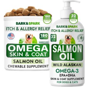 omega 3 + salmon oil for dogs, oil treats for dog shedding, skin allergy, itch relief, dry skin & hot spots treatment, joint health - skin and coat supplement - epa & dha fatty acids