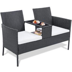 kromax wicker 2-seat patio conversation sets, outdoor rattan loveseat with table, removable cushion, backyard, garden, lawn, black rattan with white cushion