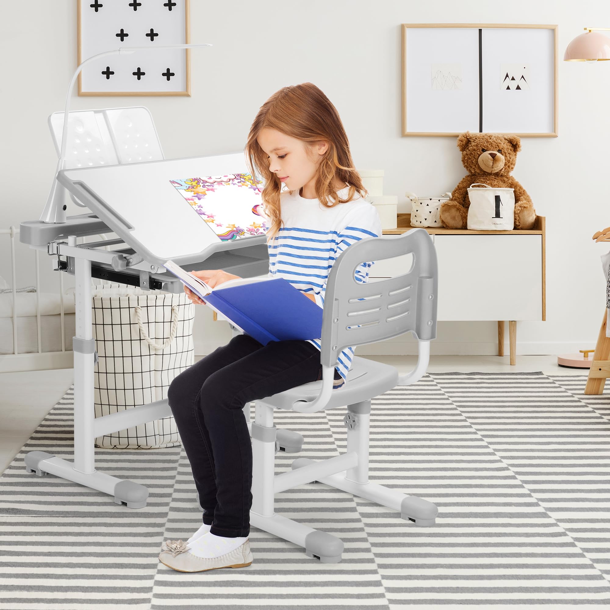 Rengue Kids Desk and Chair Set Height Adjustable School Study Desk and Chair with 55° Tiltable Desktop, 3 Modes&3 Brightness LED Lamps, Storage Drawer and Metal Hook for Boys Girls, Grey