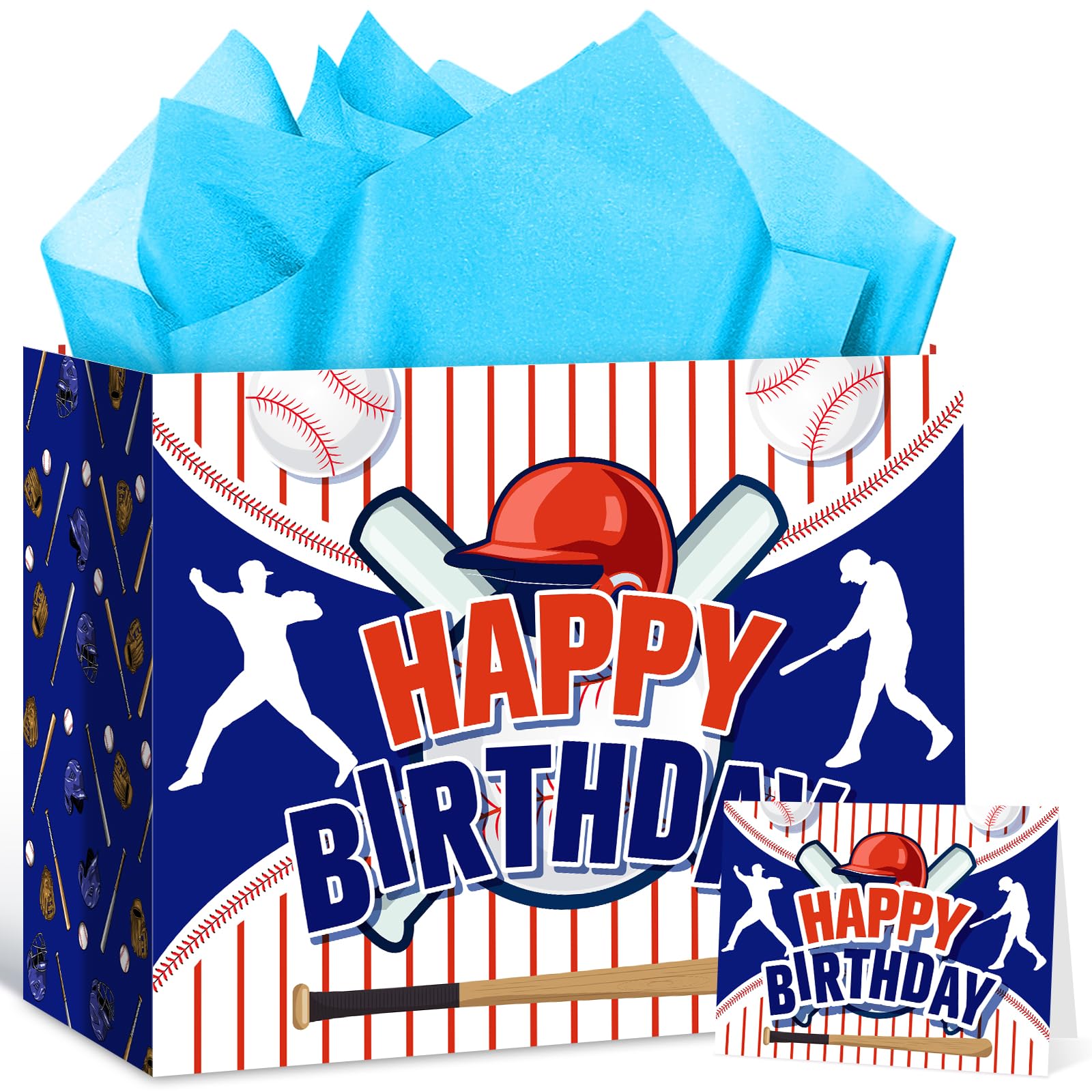 RUMIA Baseball Birthday Gift Bag with Tissue Paper Greeting Card Baseball Happy Birthday Gift Wrap Bag with Handle for Boys Kids Teens Christmas Holiday Sport Themed Baseball Birthday Party Supplies