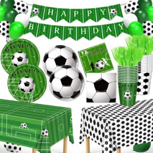 soccer party decorations, 143pcs soccer birthdday party supplies-serves 24 with soccer plates and napkins tablecloth and birthday banner balloons for soccer sports theme birthday decorations