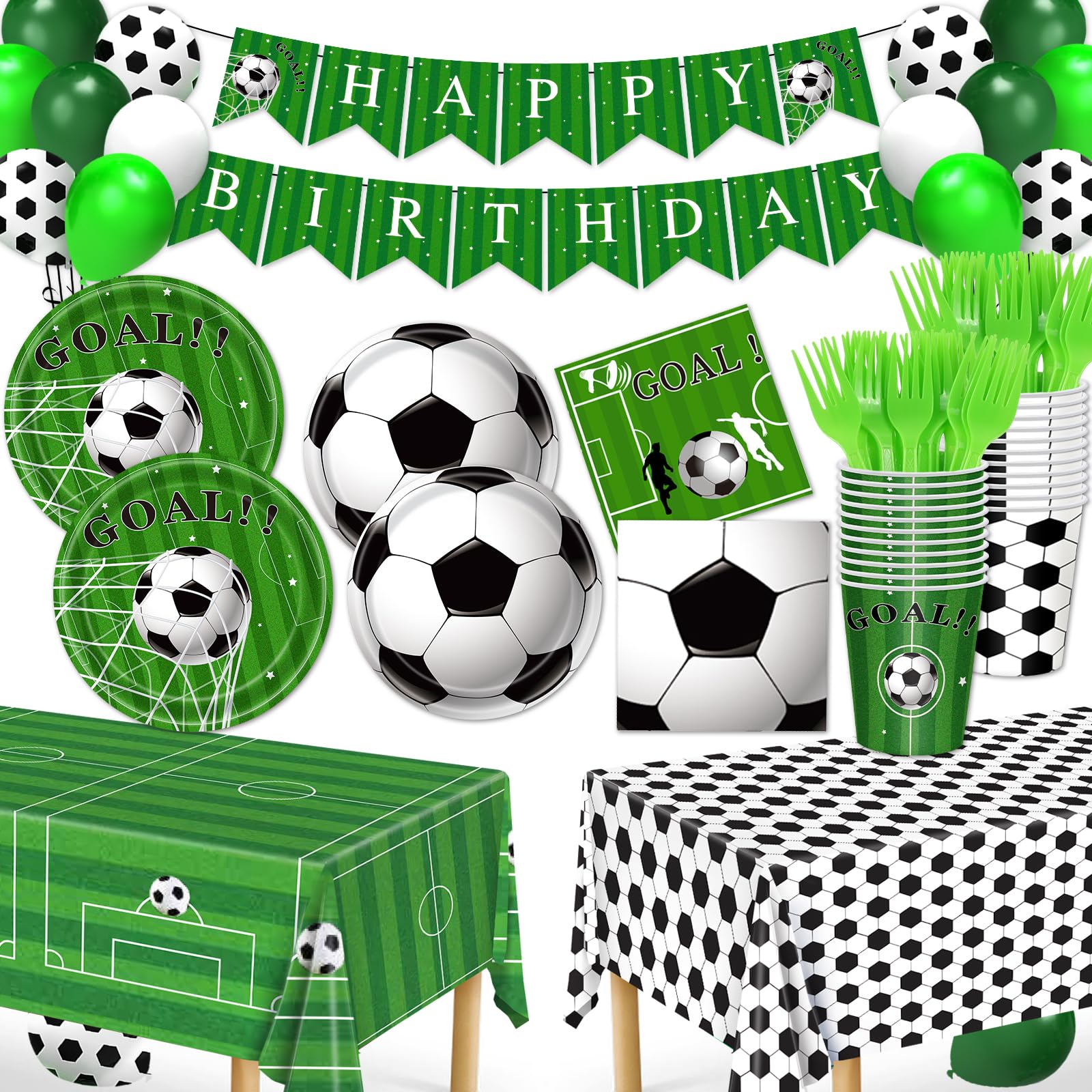 Soccer Party Decorations, 143Pcs Soccer Birthdday Party Supplies-Serves 24 with Soccer Plates and Napkins Tablecloth and Birthday Banner Balloons for Soccer Sports Theme Birthday Decorations